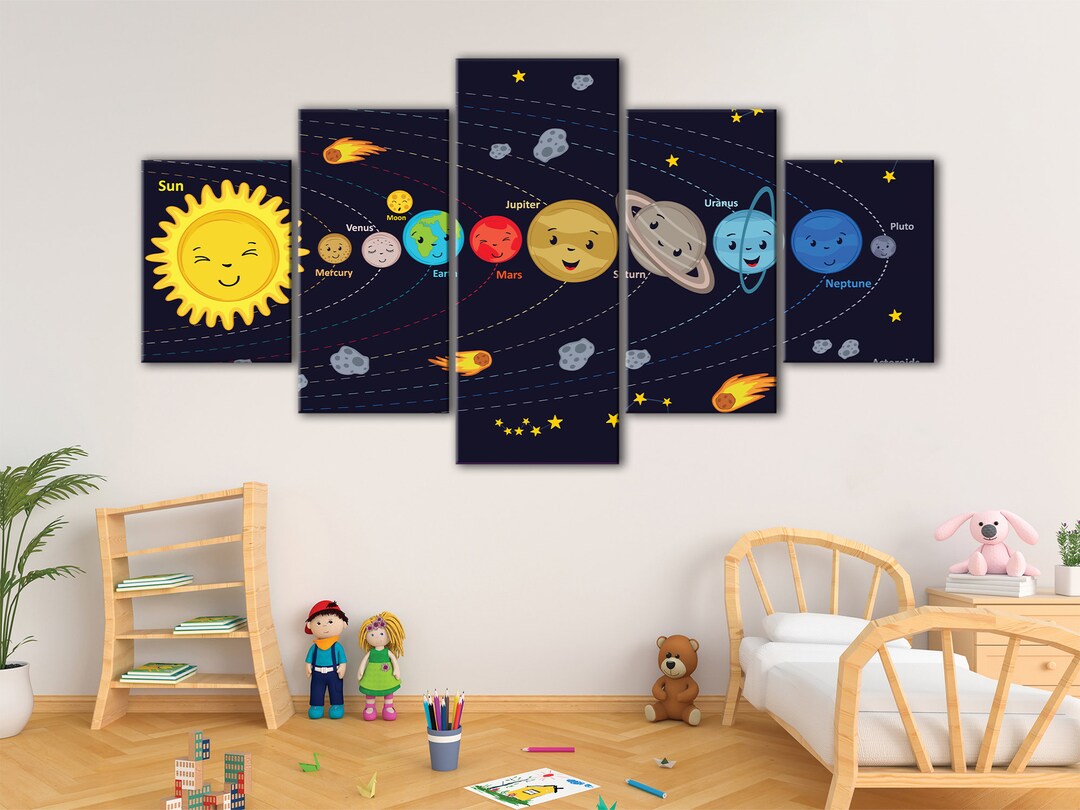 Kids Solar System Canvas Art, 5 Panels Solar System Wall Art, Celestial ...