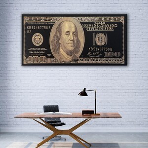 Golden 100 Dollar Bill Canvas Art, Motivational Office Decor ...