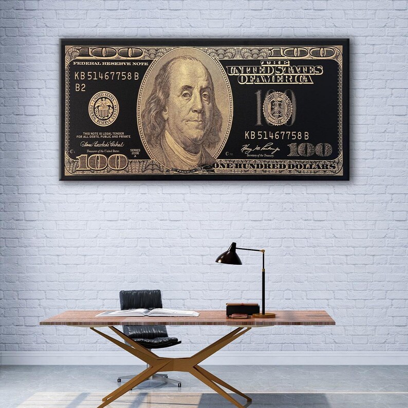 Golden 100 Dollar Bill Canvas Art: Motivational Office Decor - Etsy