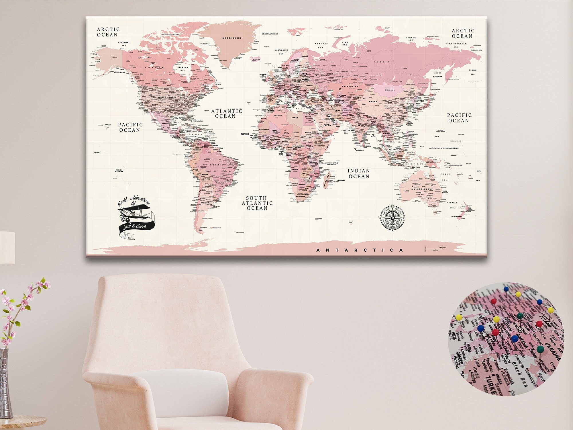 Pink Push Pin World Map: Personalized Travel Canvas - Etsy