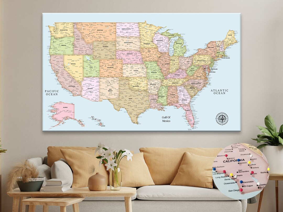 Personalized Push Pin USA Travel Map: Detailed Canvas United States Map ...