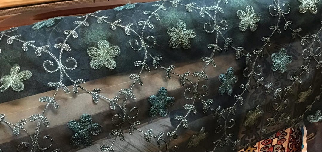 Silk Embroidered, Ombré Dyed Floral on Deep Teal Organza Fabric ...