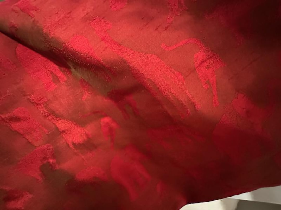 Silk Shantung in Brilliant Red and Bronze. Jacquard Woven in an Exotic ...