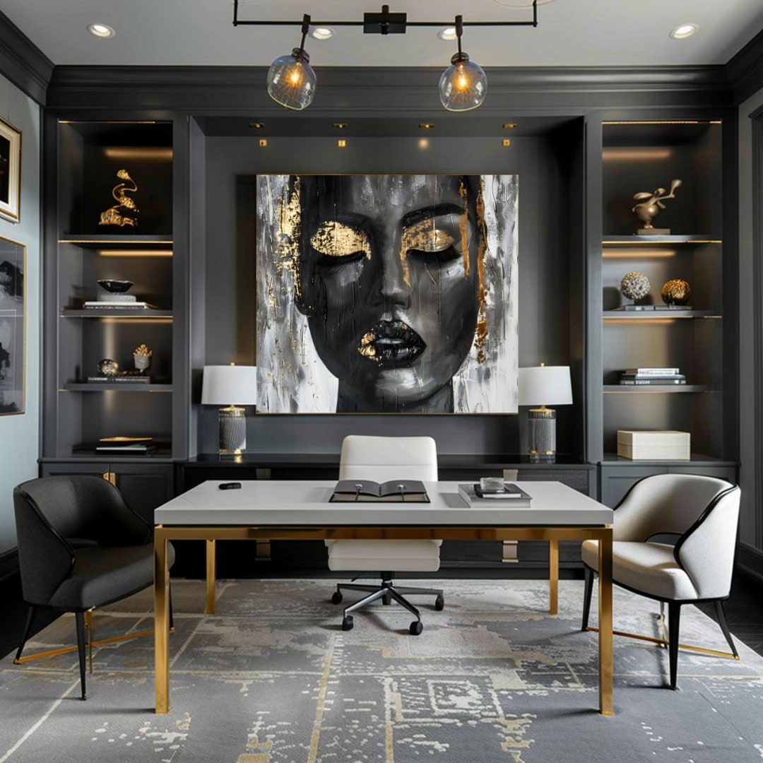 Gilded Whispers Abstract Canvas Artwork, Home Office Bedroom Decor ...