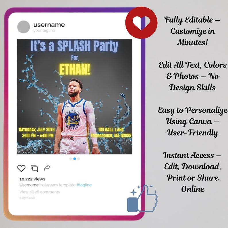 Stephen Curry Birthday Party Invitation, DIY Flyer Template Design, Boy ...