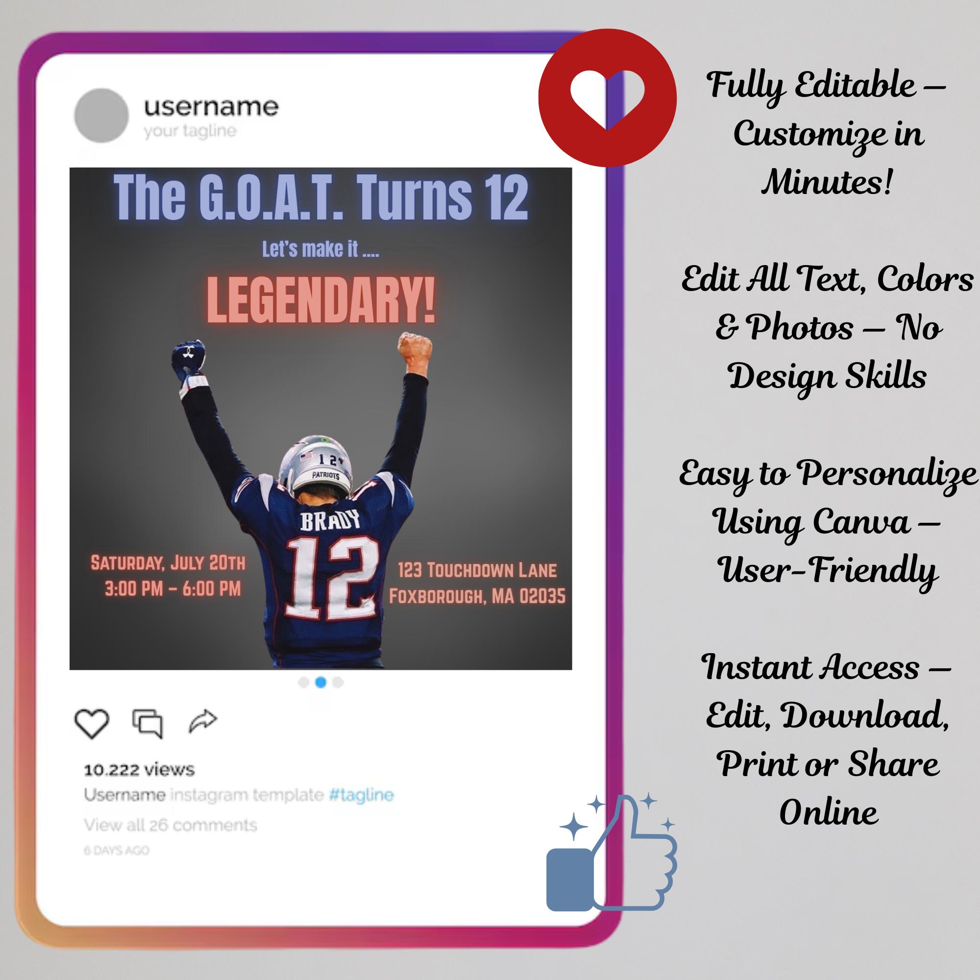Tom Brady Birthday Party Invitation, DIY Flyer Template Design, Boy ...
