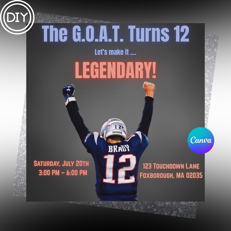 Tom Brady Birthday Party Invitation, DIY Flyer Template Design, Boy ...