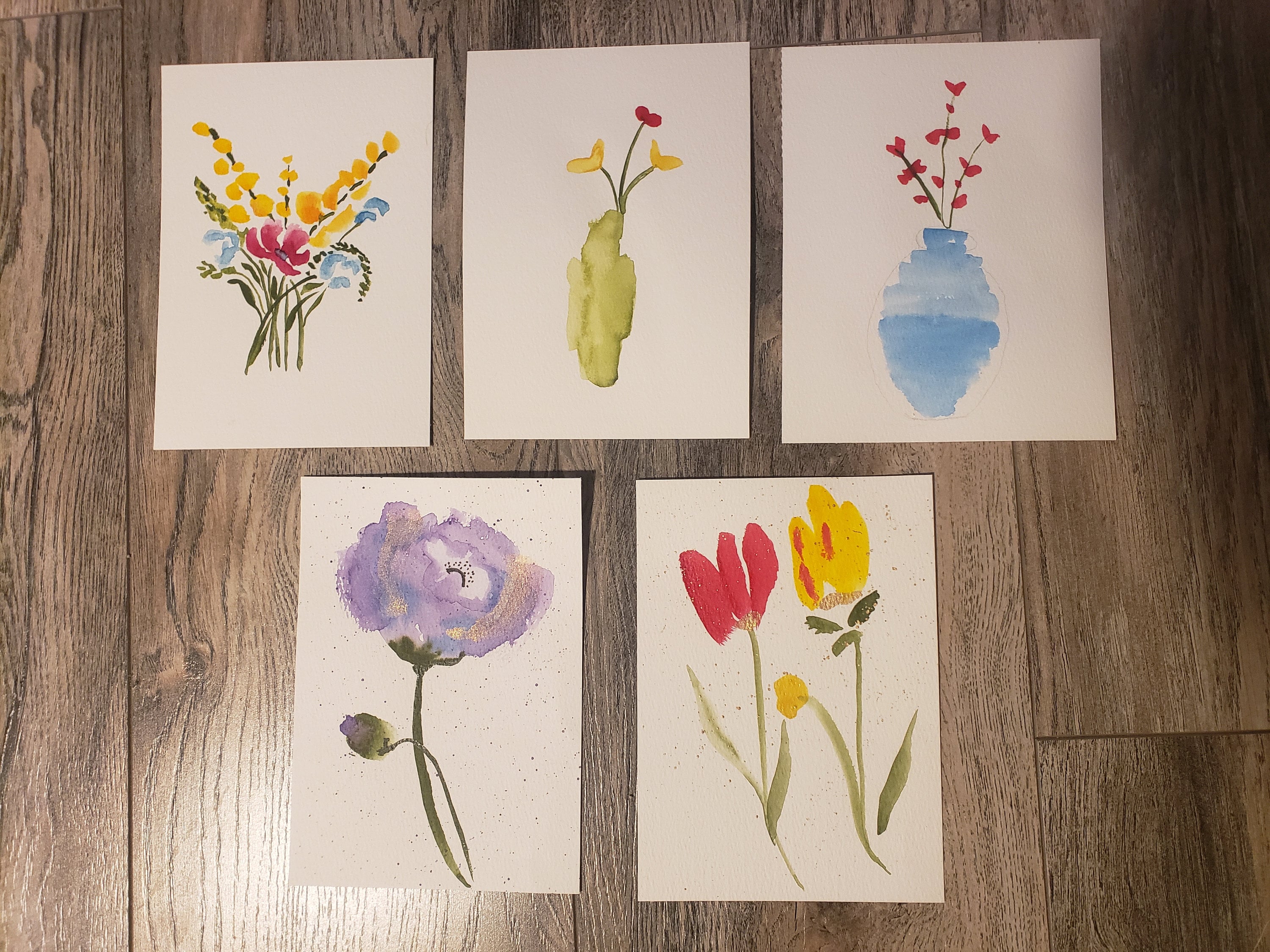 6 Dollar Set of 5 Floral Colorful Note Cards, All Originals Not Prints ...