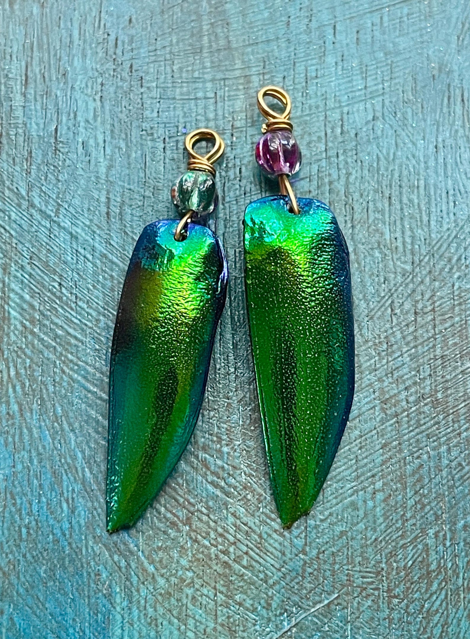 Blue Green Elytra Beetle Wings With Iridescent Glass Beads Charm Pair ...