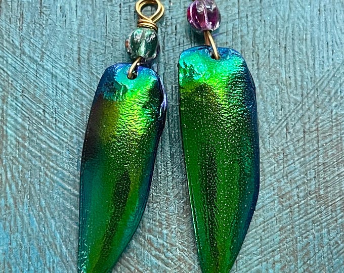 Blue Green Elytra Beetle Wings With Iridescent Glass Beads Charm Pair ...