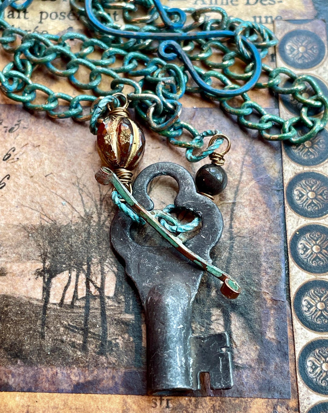 Antique Key Toggle Pendant and Patina Chain Necklace - Etsy