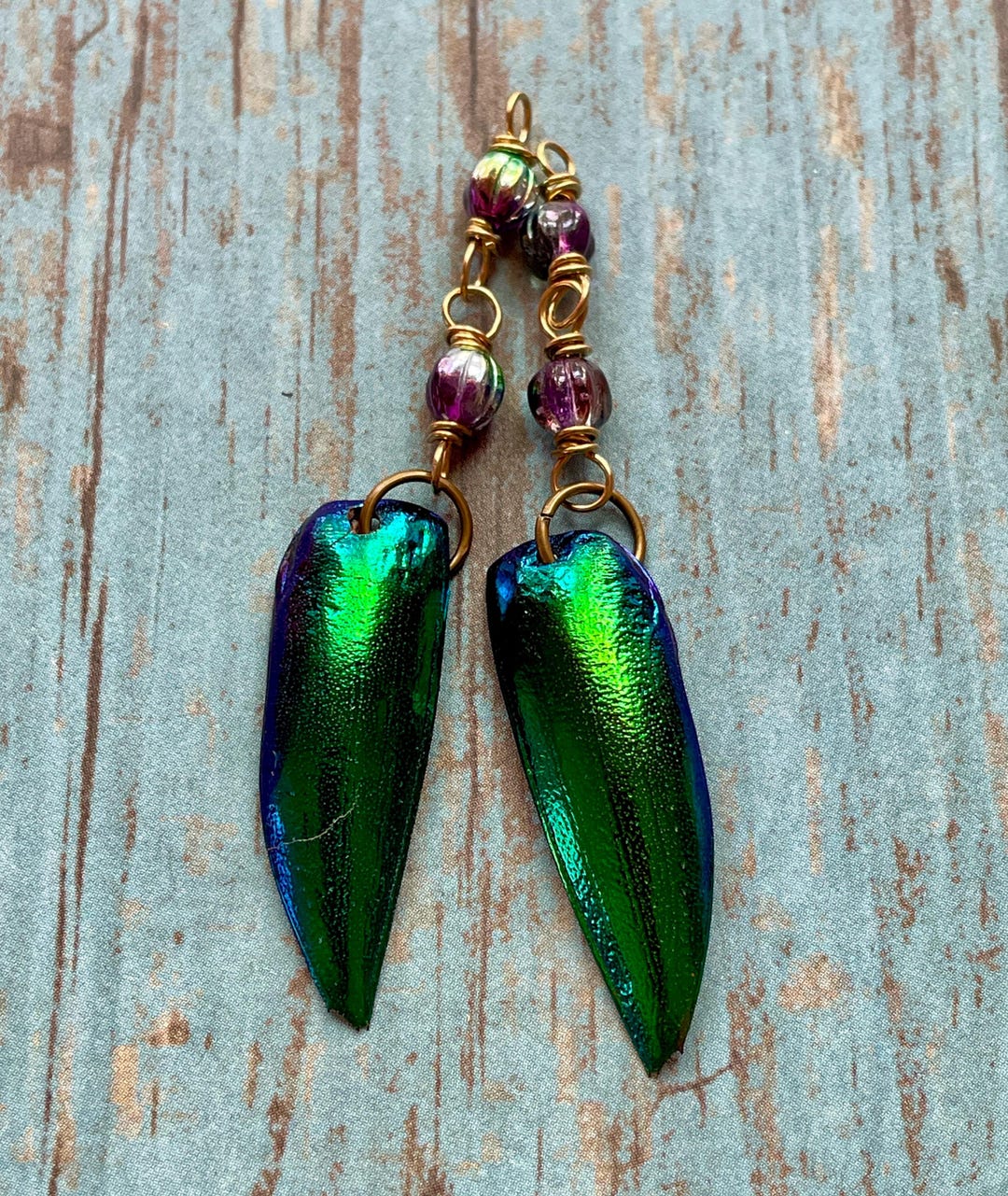 Blue Green Elytra Beetle Wings With Iridescent Glass Beads Charm Pair ...