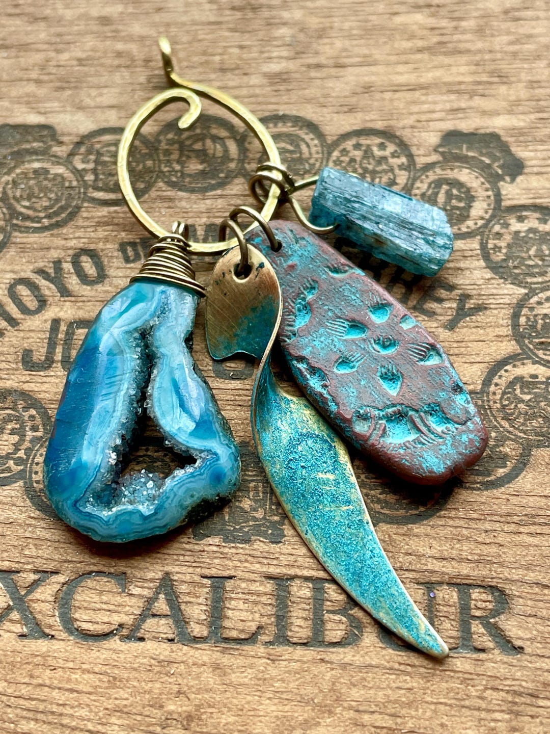 Teal Blue Druzy Agate, Patina Brass Sword, Blue Patina Lotus Pod and ...
