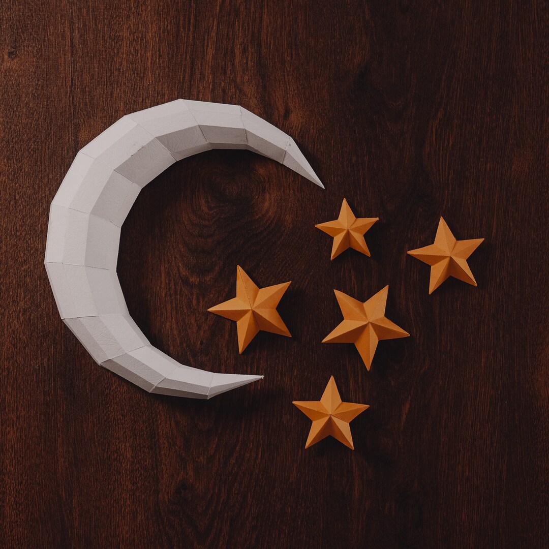 Low Poly Moon and Stars 3D Paper Crafts PDF, SVG Template for Creating ...
