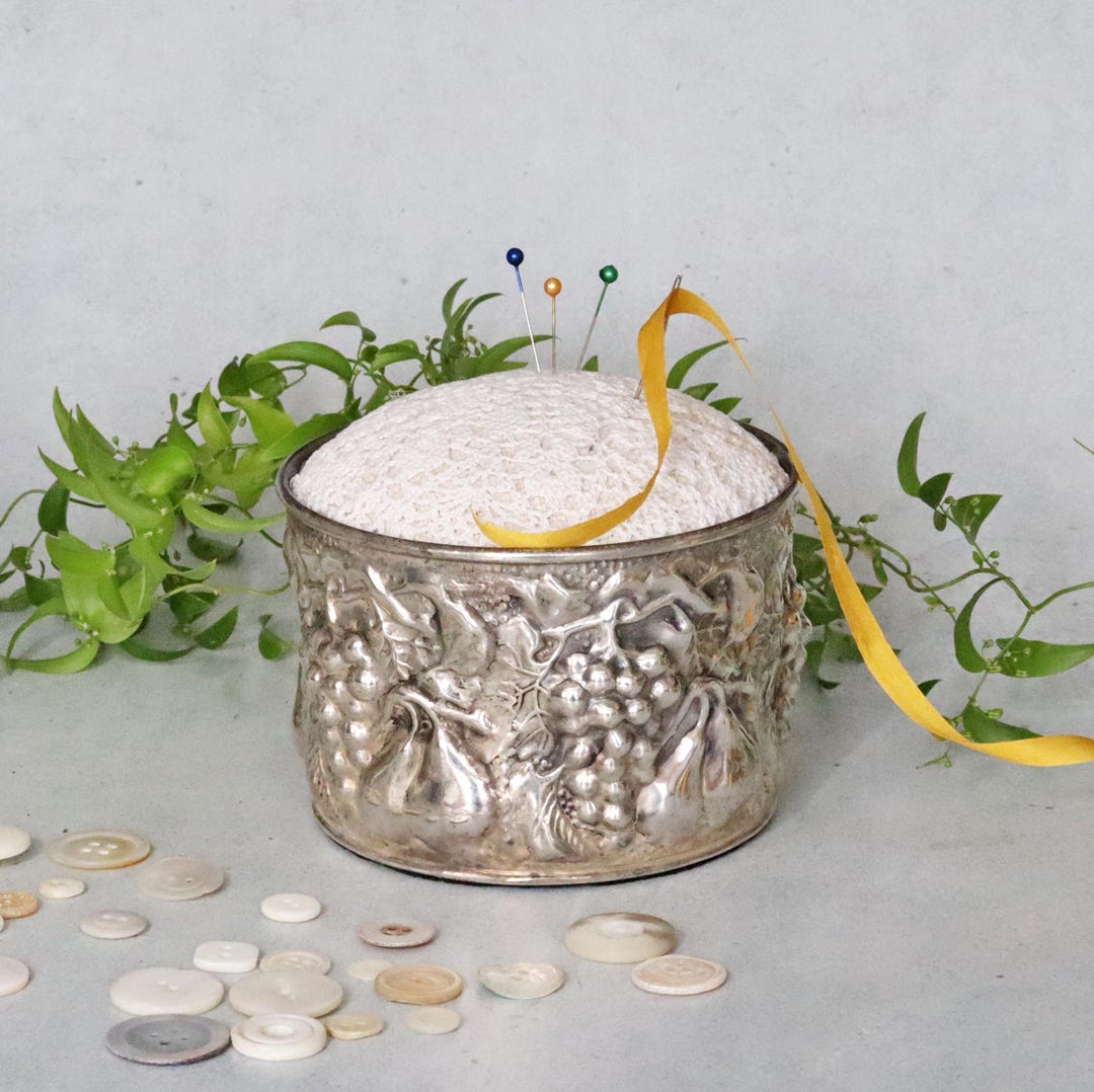Pin Cushion - Vintage Repousse Silverplate - Vintage Linen - Elegant ...