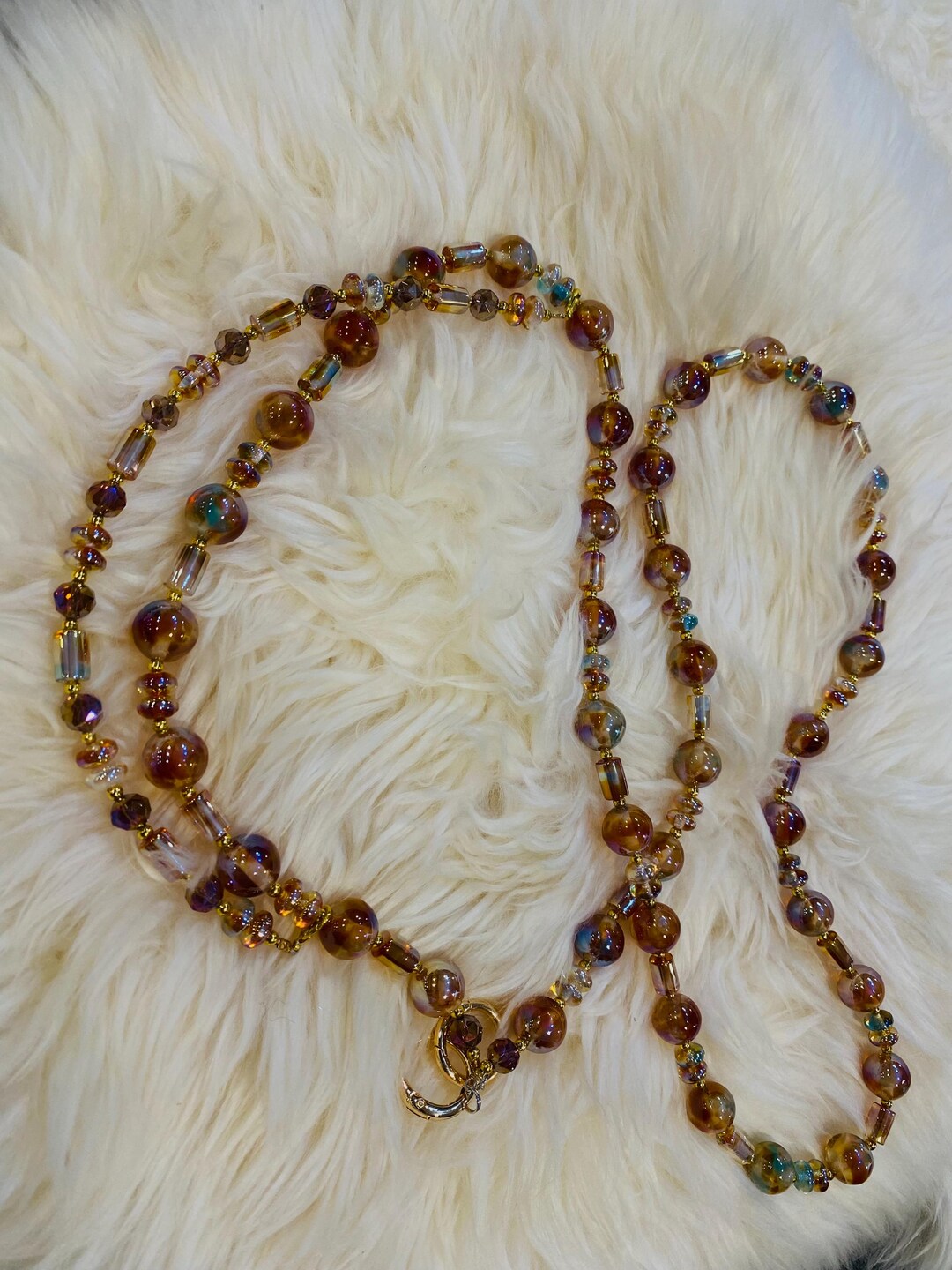 Iridescent Glass Bead Crossbody Chain: Amber Rainbow Aurora Shoulder ...