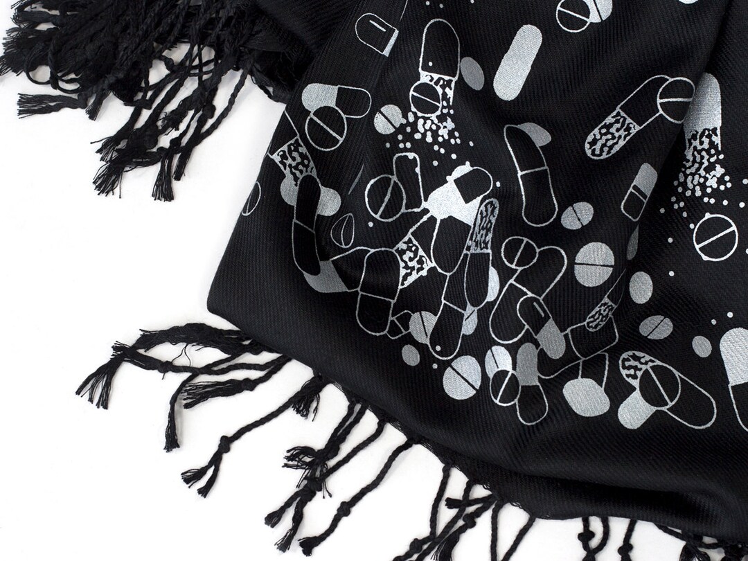 Capsule & Tablet Scarf. Pill Print Scarf, Black Pashmina, for Women or ...