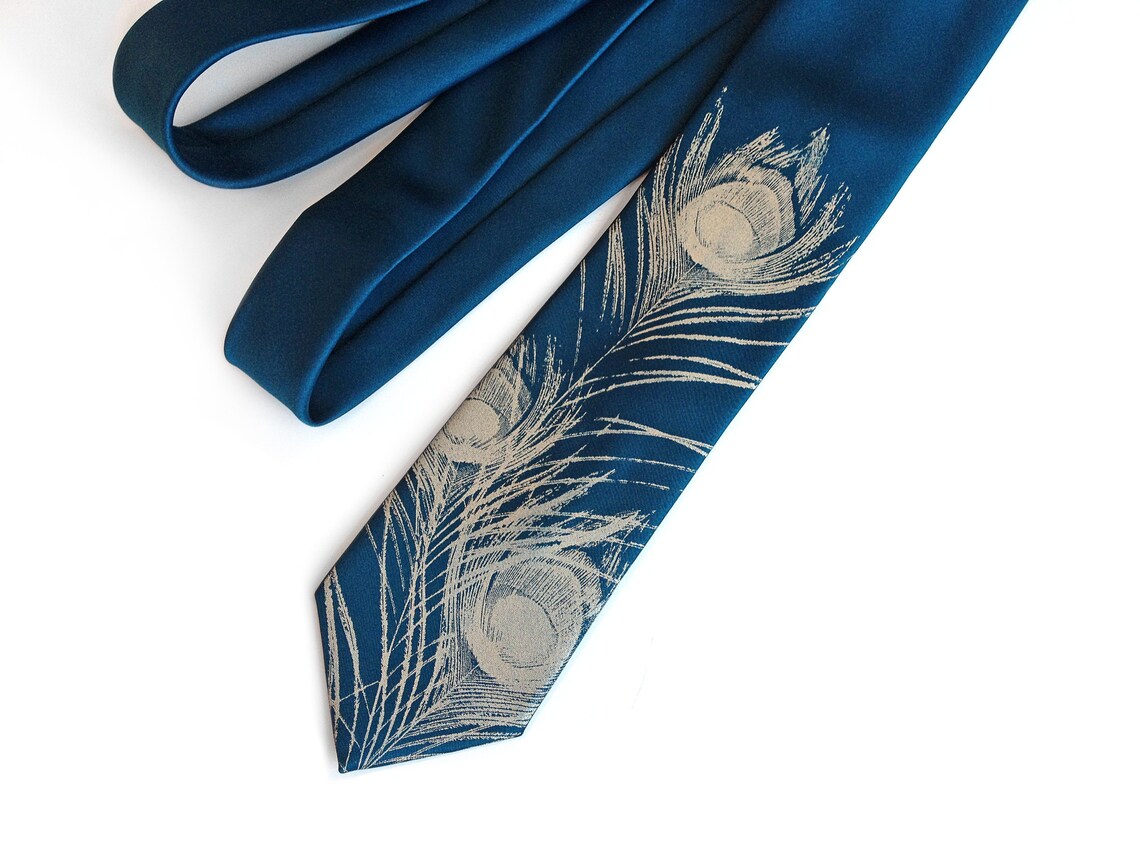 Peacock Feather Tie Mens Silk Necktie Art Deco Wedding Etsy