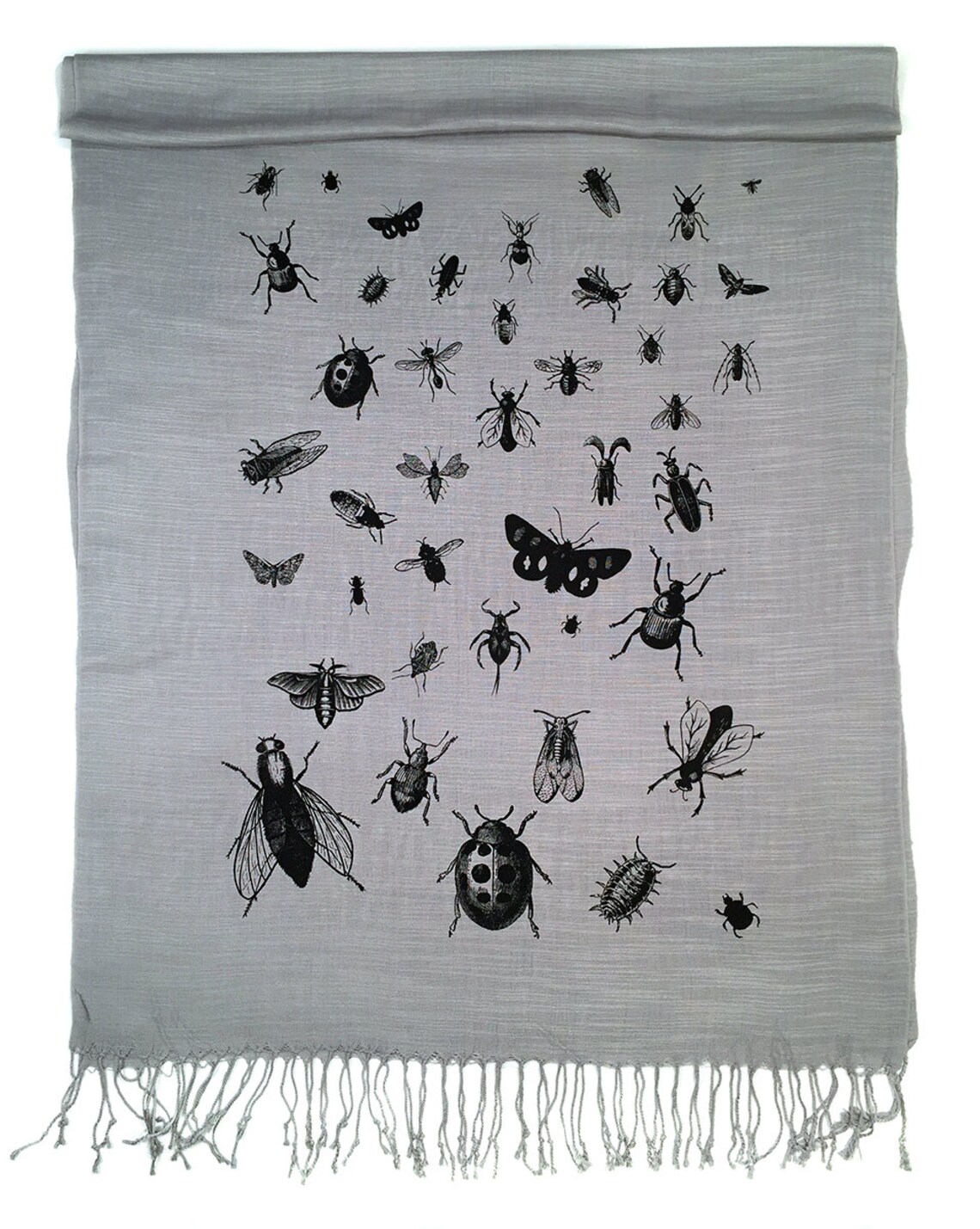 Insect Scarf. Bug Print Pashmina, Linen Weave. Black Silkscreen Print ...