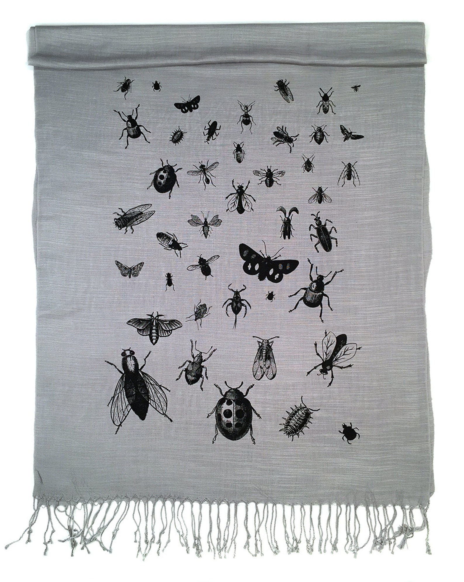 Insect Scarf. Bug Print Pashmina, Linen Weave. Black Silkscreen Print ...