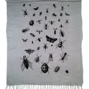 Insect Scarf. Bug Print Pashmina, Linen Weave. Black Silkscreen Print ...