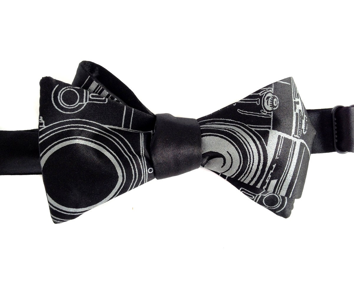 Camera Bow Tie. Self Tie, Men's Black Bow Tie. Dove Gray Screen Print ...