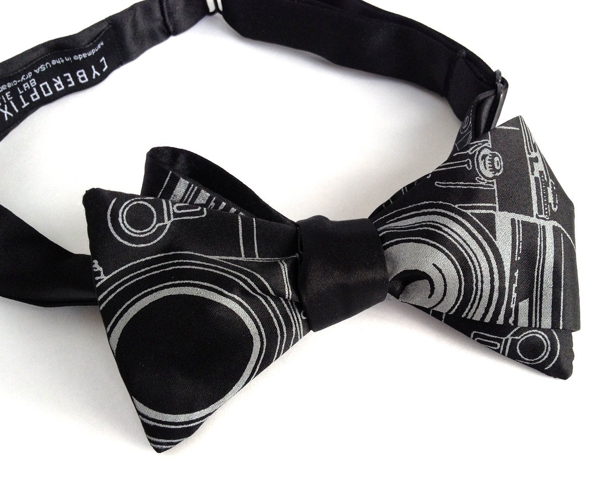 Camera Bow Tie. Self Tie, Men's Black Bow Tie. Dove Gray Screen Print ...