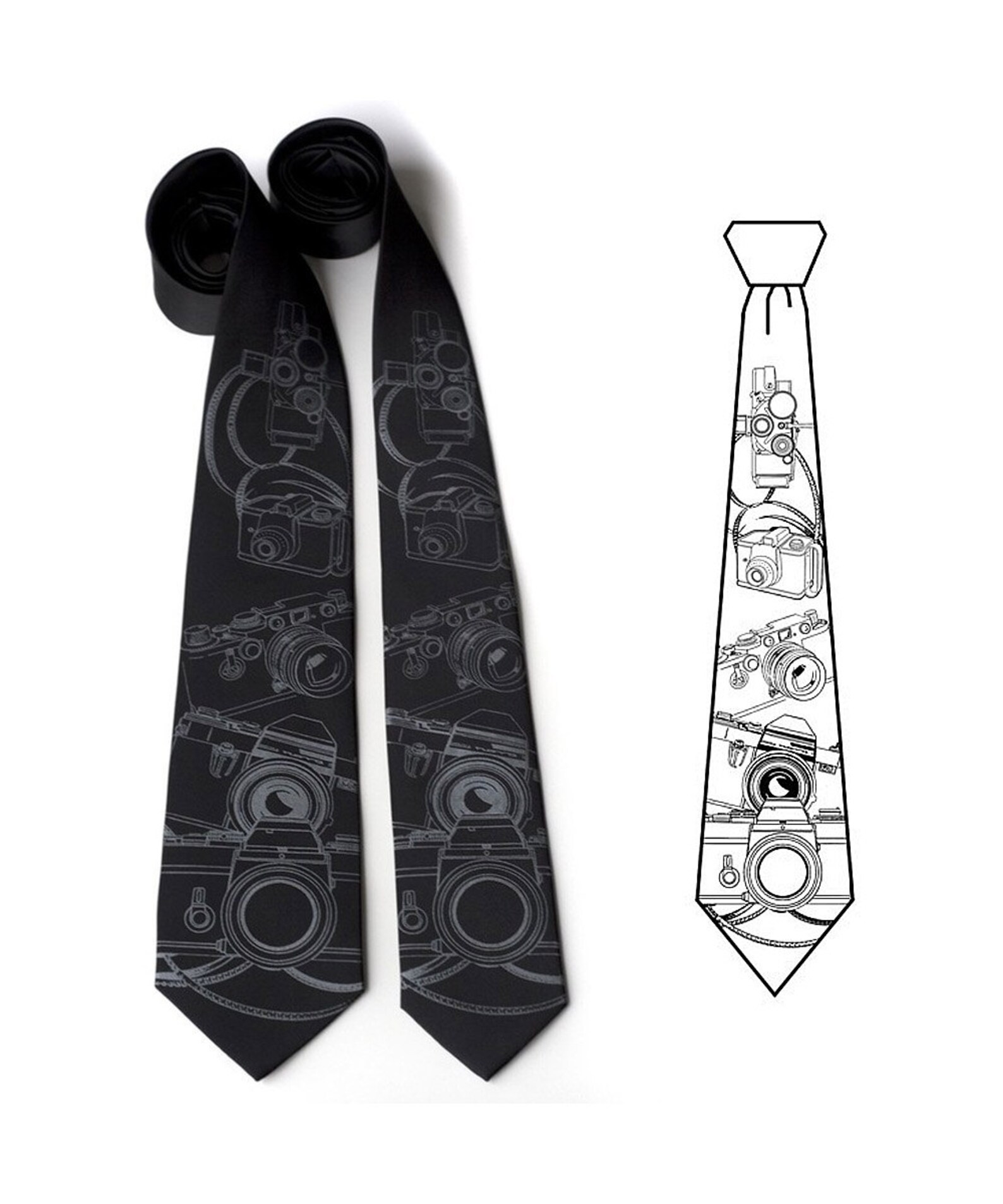 Camera Tie, SLR Camera Necktie. Mens Black Tie. Old Film Cameras ...