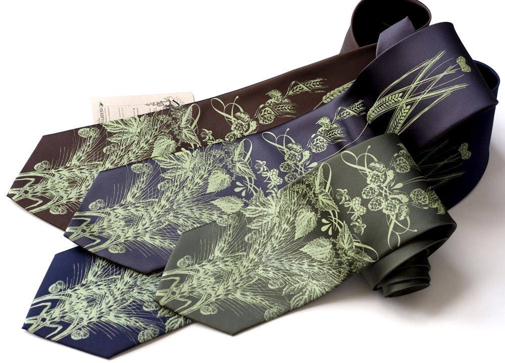 Beer Necktie. Hops, Barley & Wheat Print Tie. Beer Lover, Brewer Men's ...