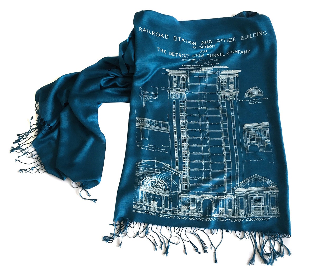 Blueprint Scarf, MCS Detroit Train Station. Fringed Bamboo Pashmina ...