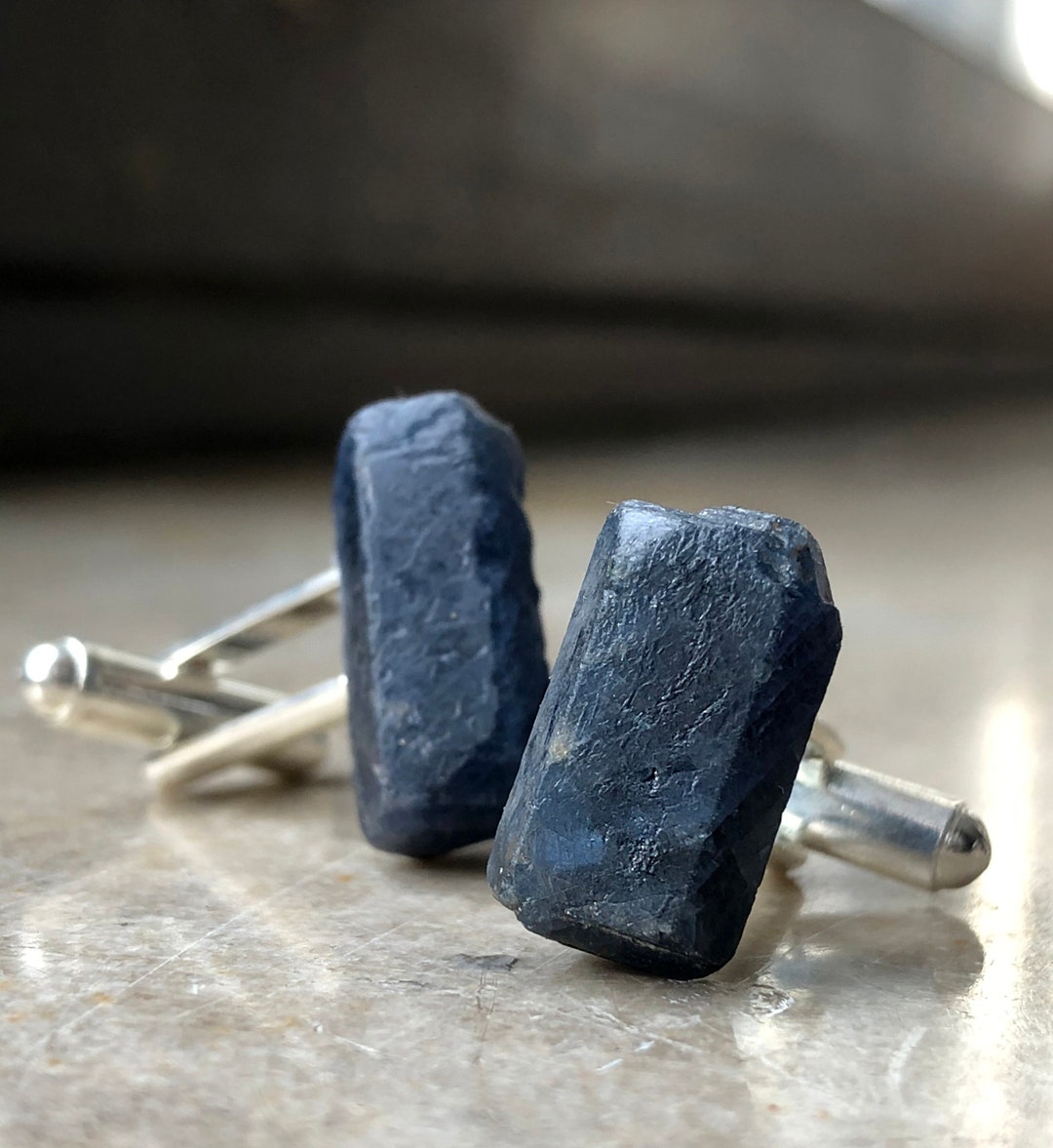 Dark Blue Sapphire Cufflinks. Raw Corundum Crystal Cuff Links ...