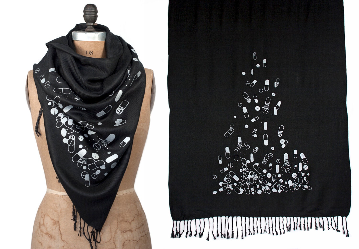 Capsule & Tablet Scarf. Pill Print Scarf, Black Pashmina, for Women or ...