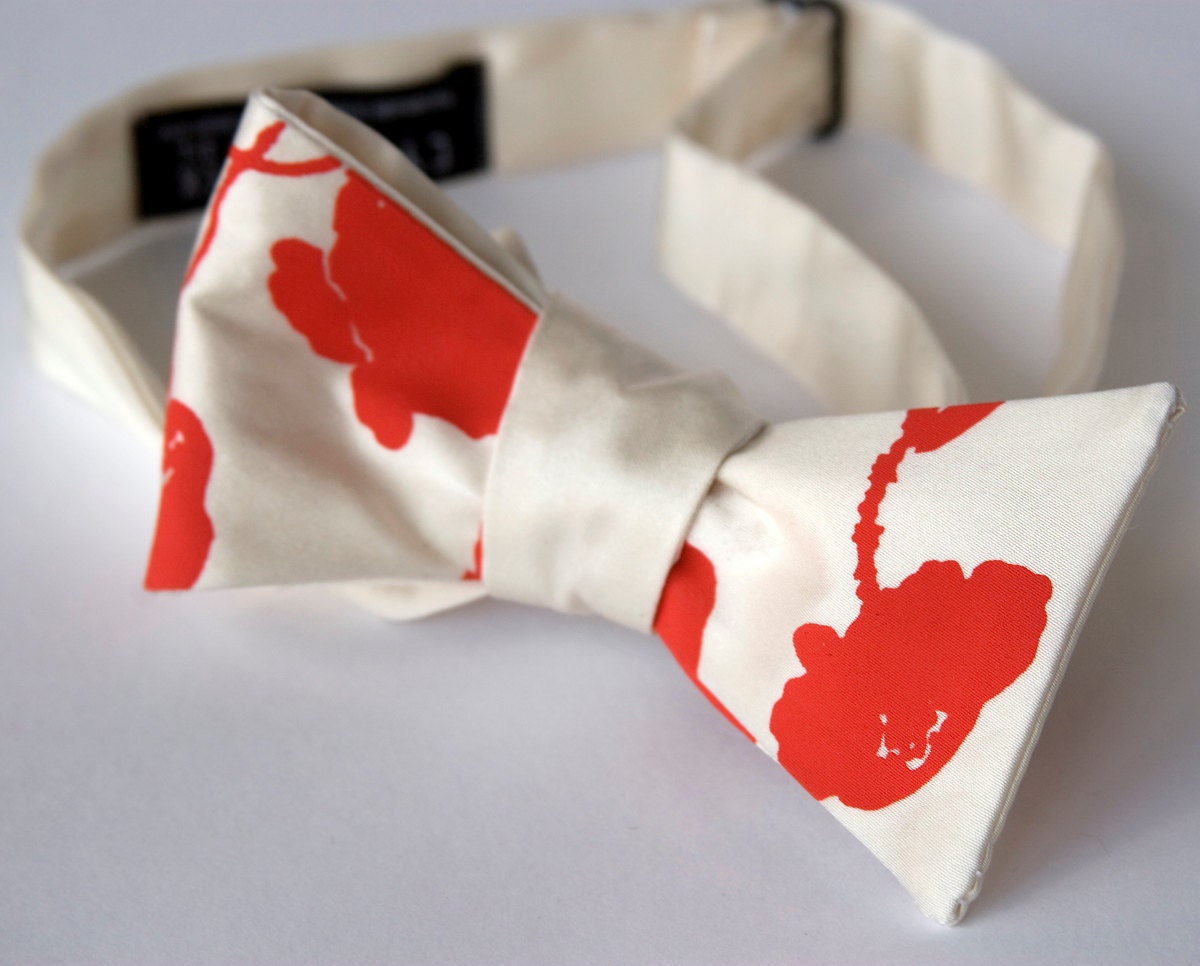 California Poppy Bow Tie. Cream & dark coral wedding bow tie. | Etsy