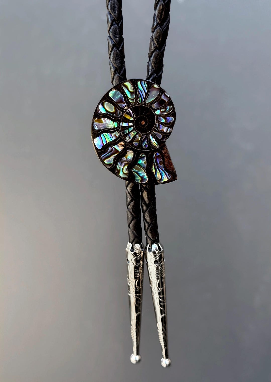 Iridescent Abalone Inlay Ammonite Bolo Tie, Western Tie. Fossil ...