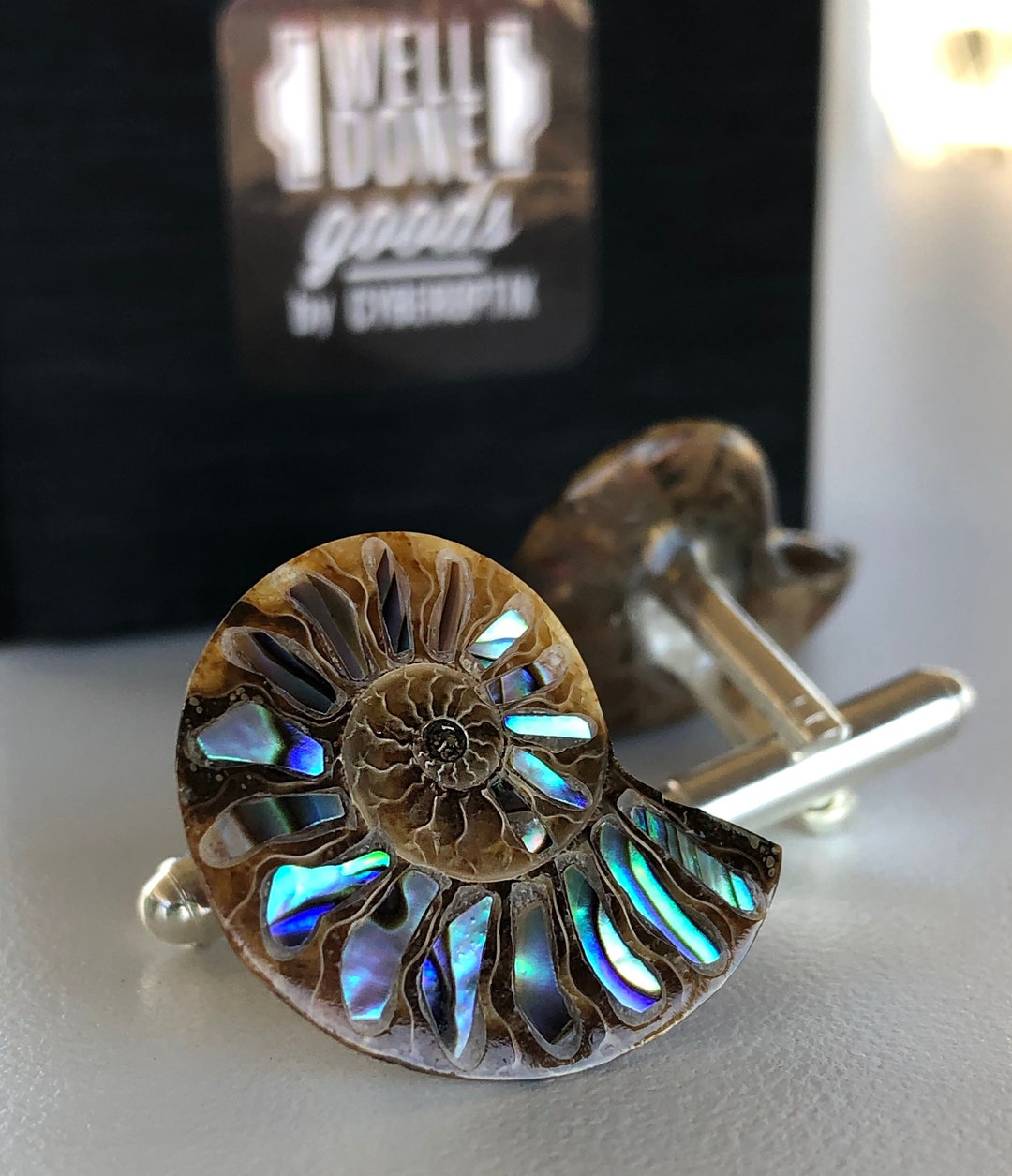 Iridescent Abalone Inlay Ammonite Fossil Cufflinks, Rainbow Mother of ...