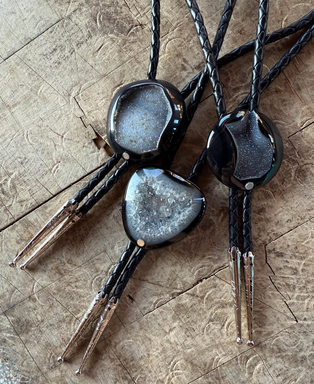 Black Agate Druzy Bolo Tie — Large Polished Vintage Cabochon (WYSIWYG ...