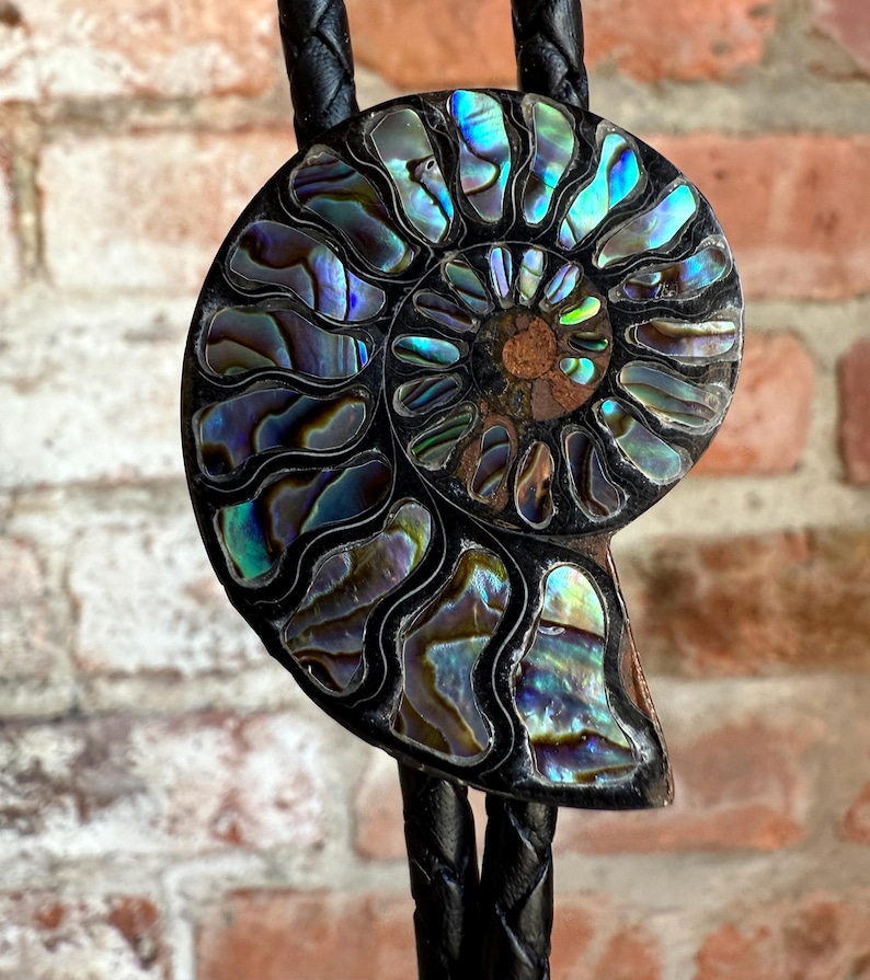 Iridescent Abalone Inlay Ammonite Bolo Tie, Western Tie. Fossil ...