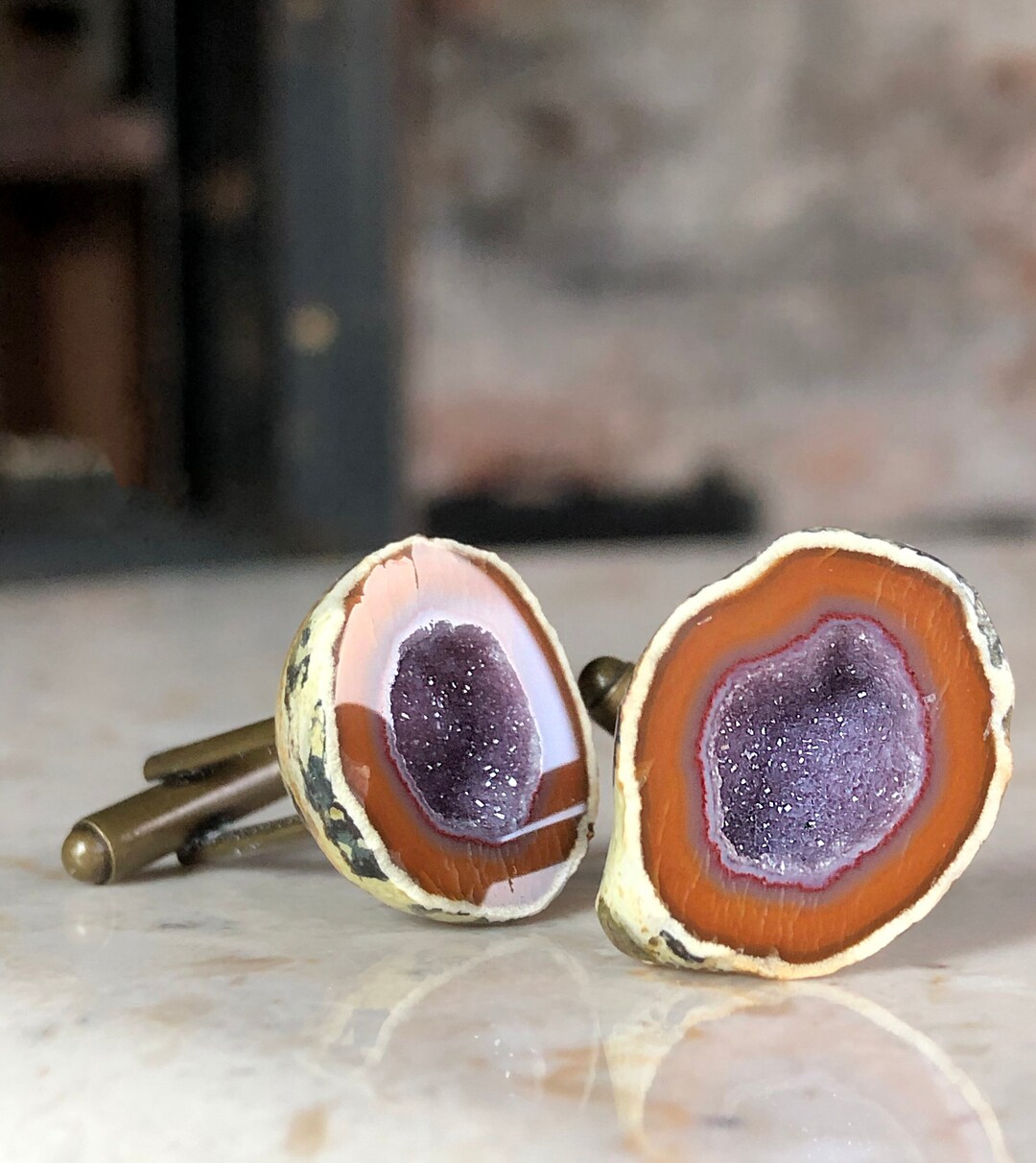 Red Agate & Amethyst Geode Cufflinks; Tabasco Geode Cufflinks. Red and ...