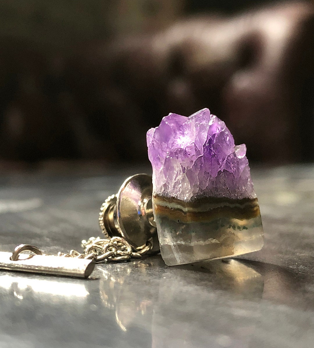 Amethyst Tie Tack, Polished Druzy Amethyst Agate Geode Slice Tie Pin ...