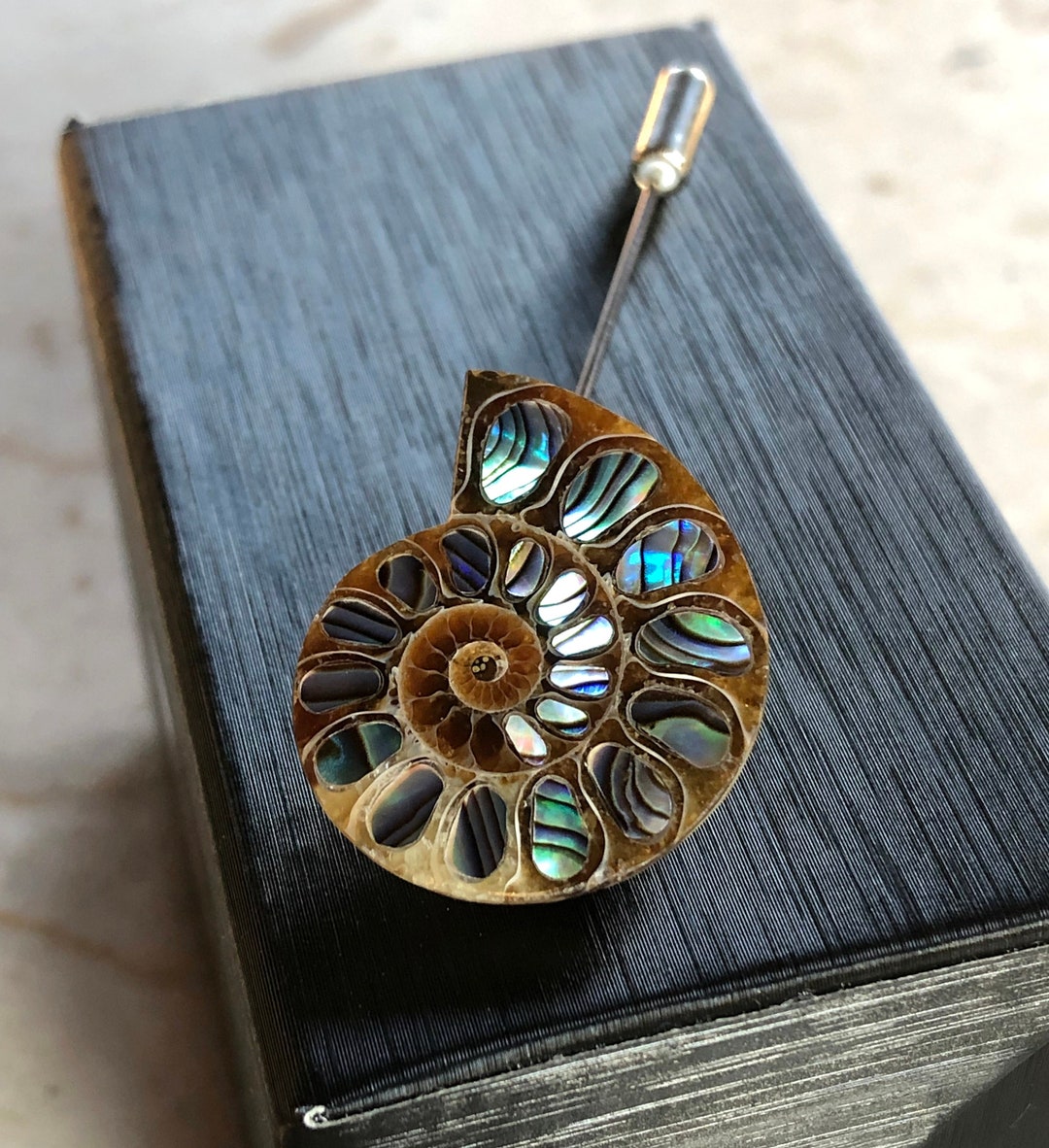Iridescent Abalone Inlaid Ammonite Lapel Pin, Fossil Brooch. Stone ...