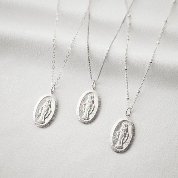 Blessed Mother Virgin Mary Sterling Silver Medallion Necklace mary Centro 14K Gold Filled Coin Jewelry Religious Jewelry Etsy