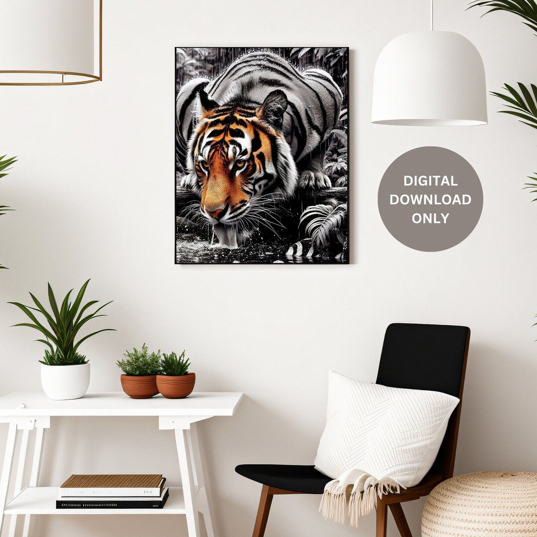 Two Toned Tiger Crouched Down Drinking Water Printable Wall Art ...