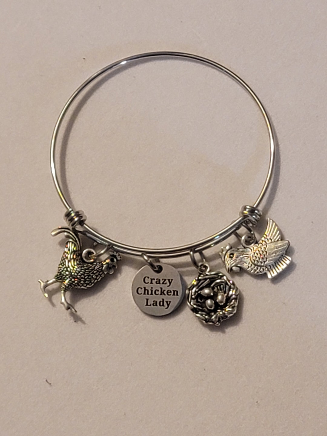 Silver Crazy Chicken Lady Bangle Bracelet, Charm Bracelet, Gift ...