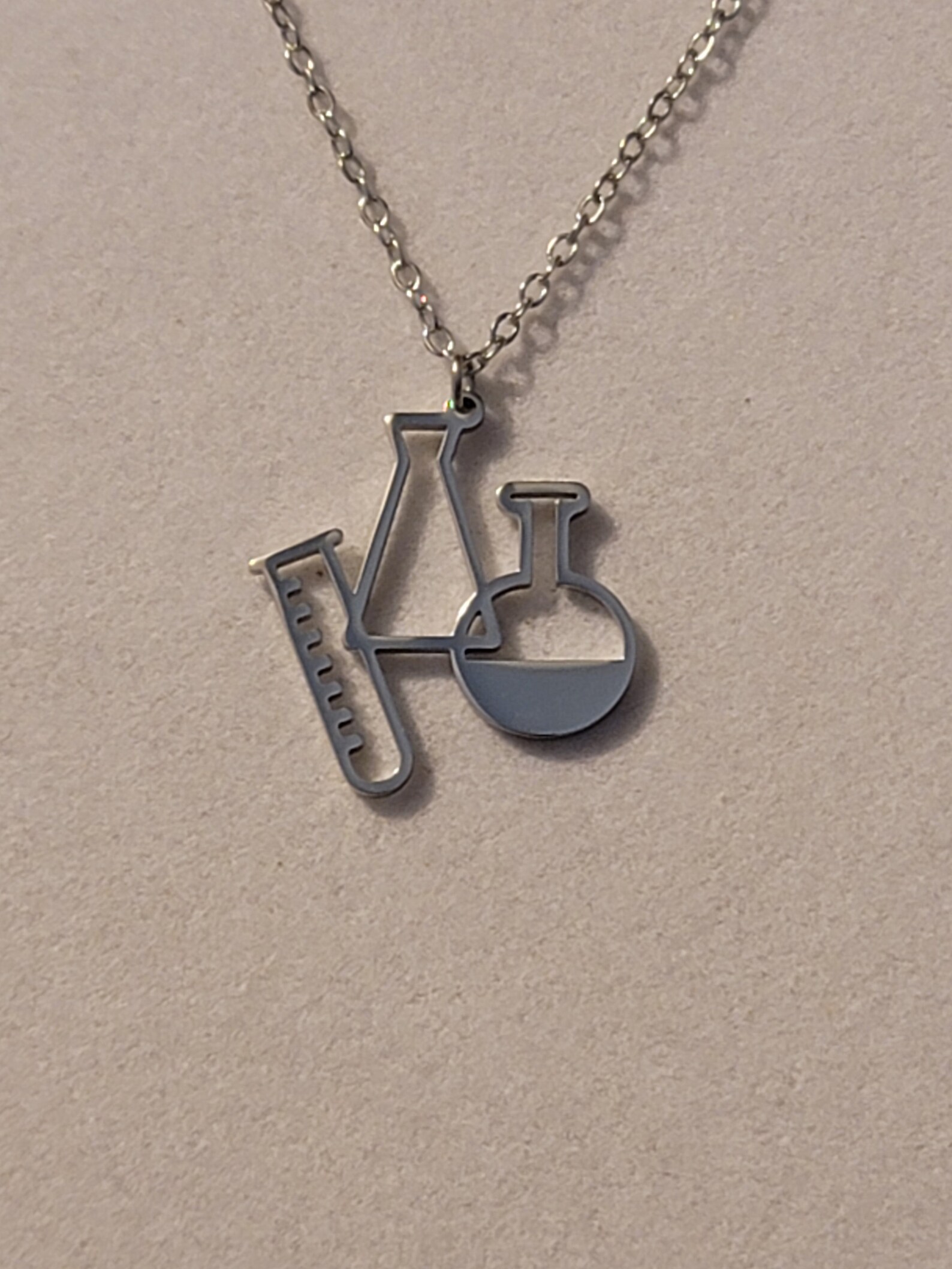 Silver Scientist Charm Necklace: Stainless Steel Beaker & Test Tube ...