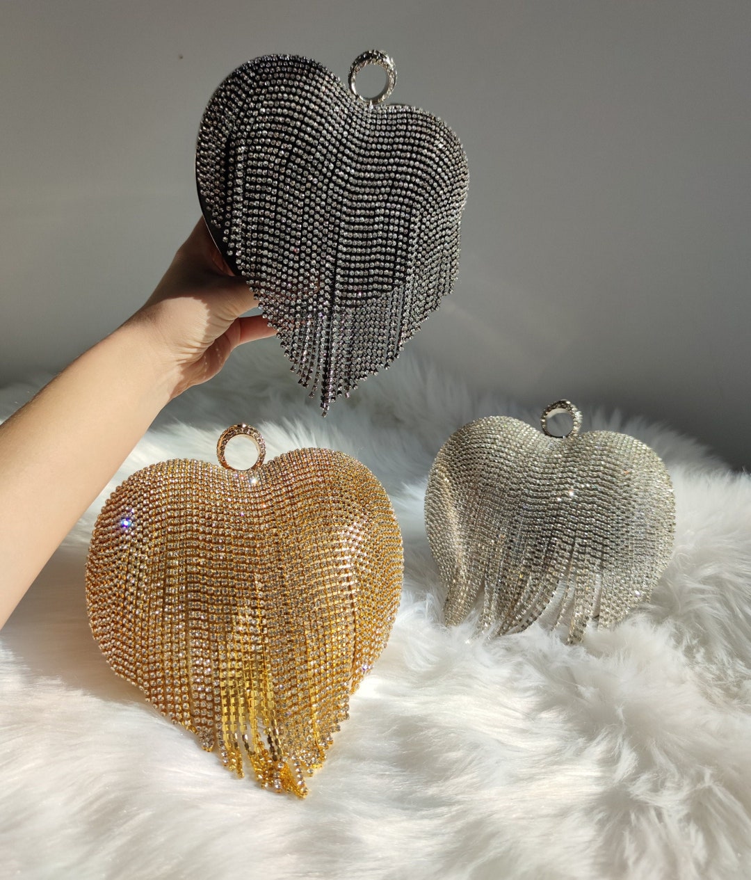 Sparkly Diamante Rhinestone Fringe Heart Shape Box Clutch - Bridal ...