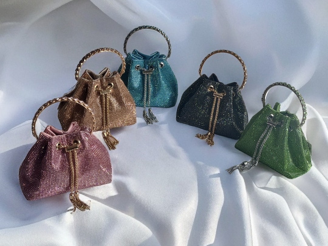 Crystal Rhinestone Mini Chain Drawstring Bucket Bag - Hoop Top Handle ...