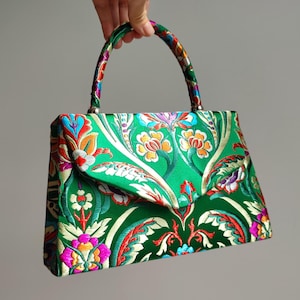 Satin Embroidered Floral Pattern Jacquard Mini Top Handle Bag - Evening ...