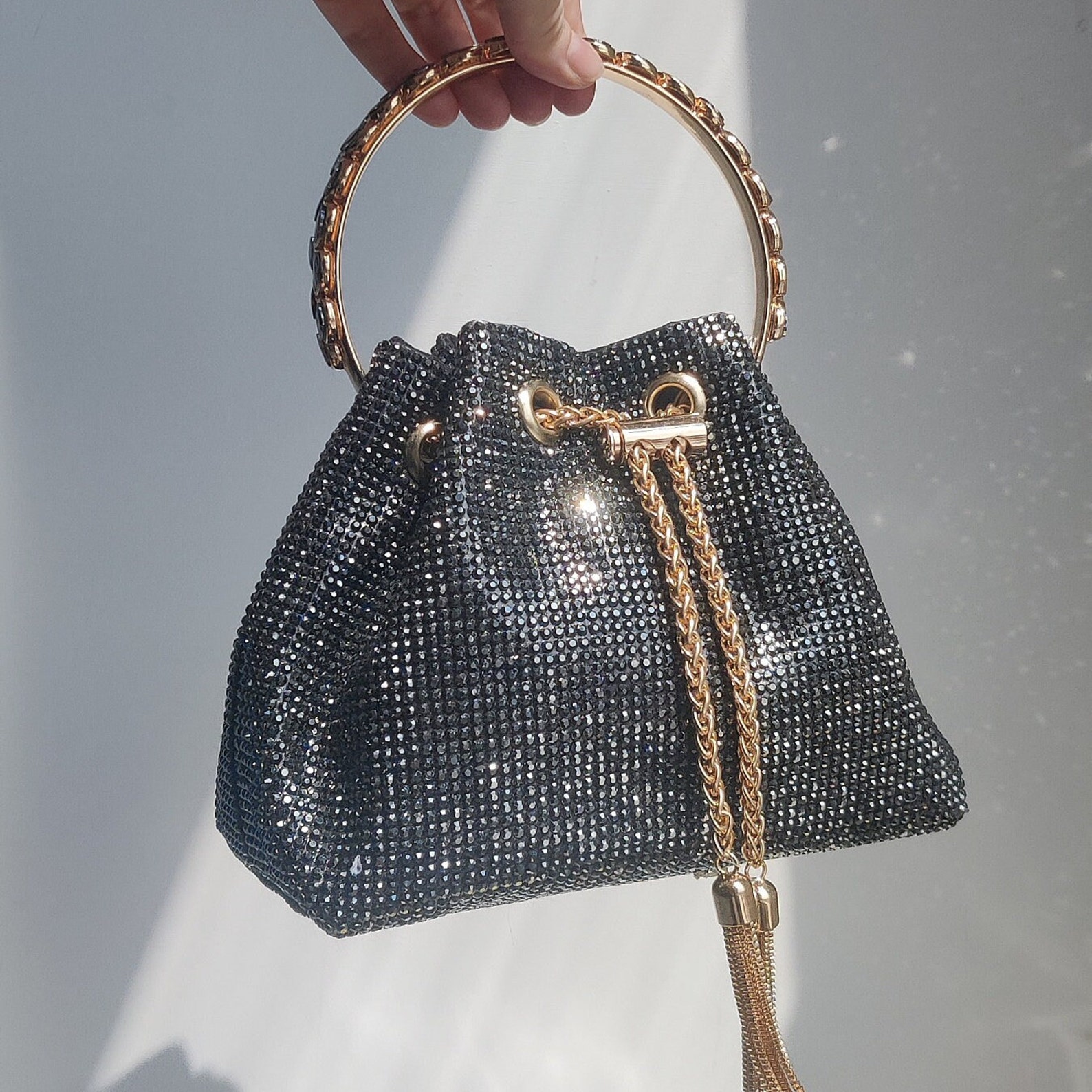 Crystal Rhinestone Mini Chain Drawstring Bucket Bag Hoop Top Handle ...