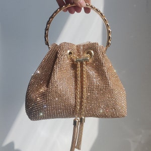 Crystal Rhinestone Mini Chain Drawstring Bucket Bag - Hoop Top Handle ...