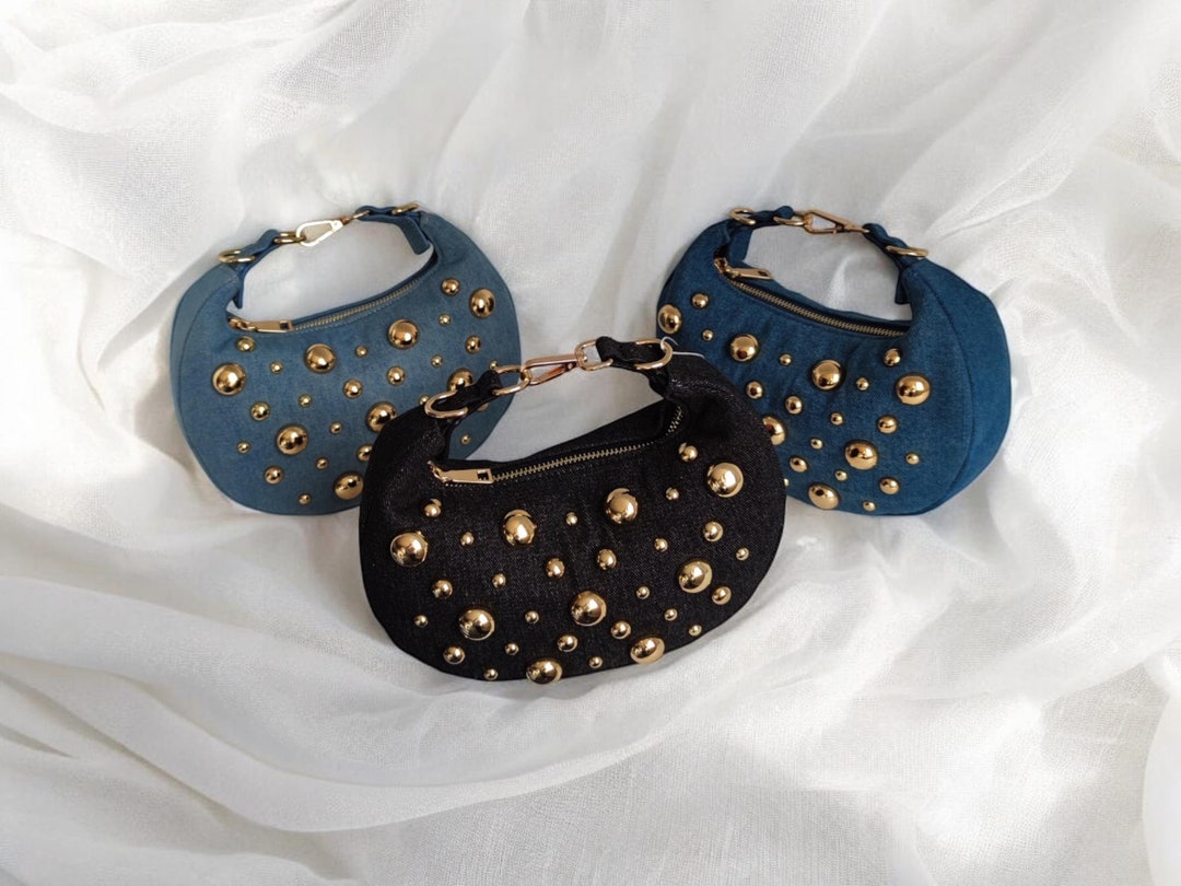 Half Moon Studded Embellished Denim Mini Bag - Versatile Multi Style ...